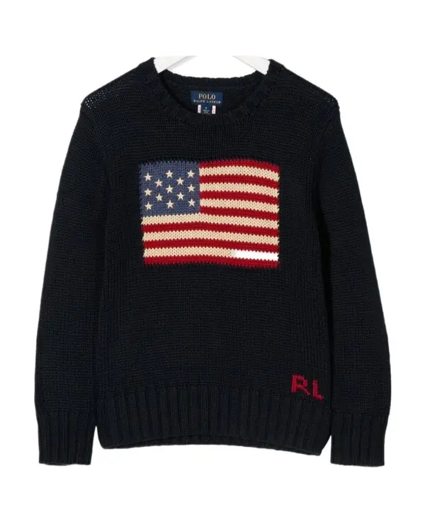 Polo Ralph Lauren Long Sleeve Crewneck Sweater With American Flag Detail - Black