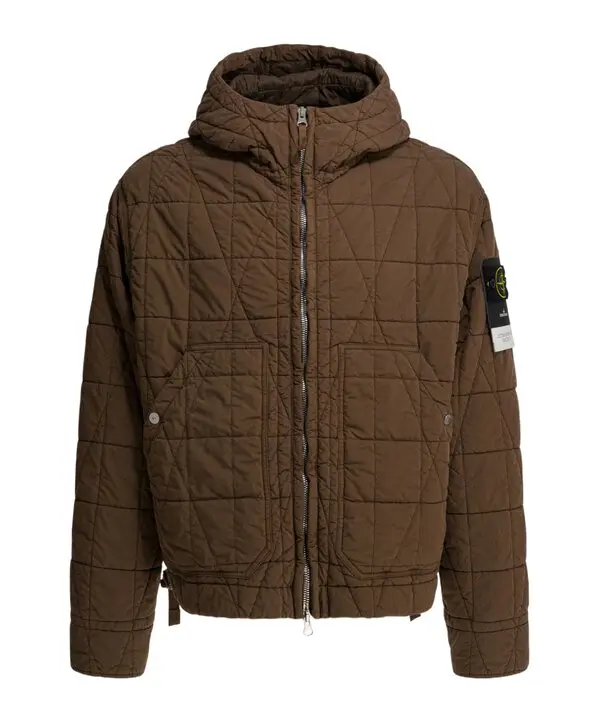 Stone Island Logo Patch Quilted Hooded Jacket - Brown