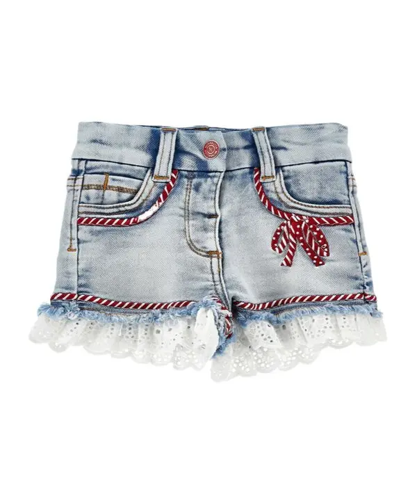 Monnalisa Sangallo Lace Trimmed Denim Shorts