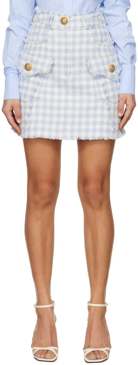 Balmain Gingham Tweed A-line Skirt