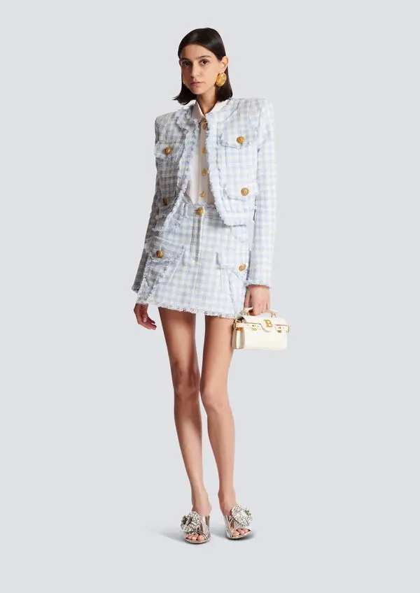 Balmain Gingham Tweed A-line Skirt