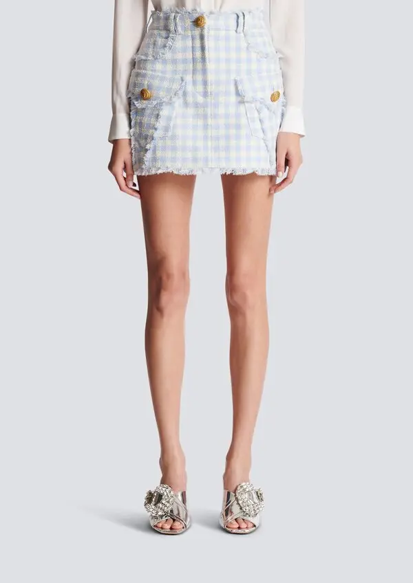 Balmain Gingham Tweed A-line Skirt