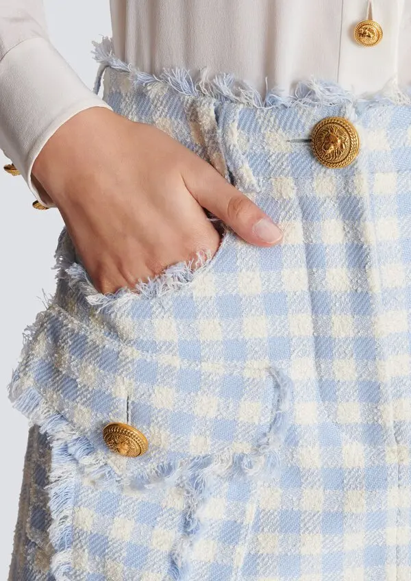 Balmain Gingham Tweed A-line Skirt