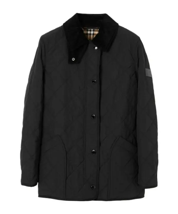 Burberry Long-sleeved Diamond Quilted Jacket With Corduroy Collar - Black
