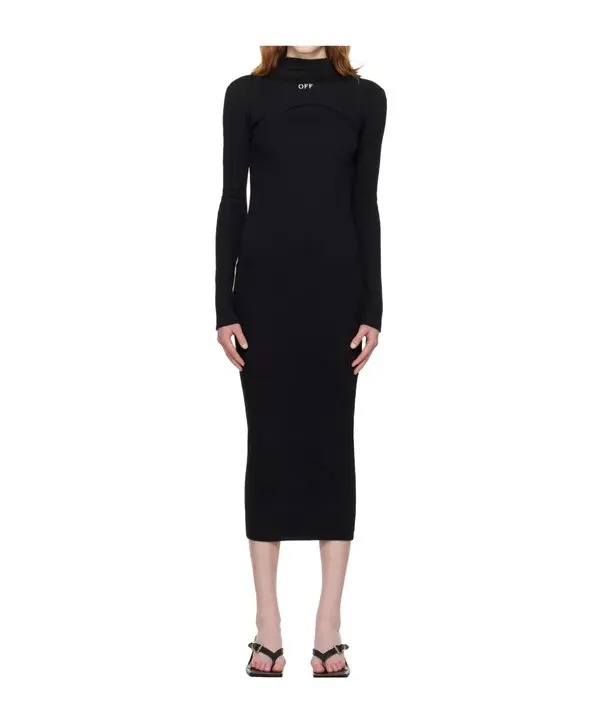 Off-White Ribbed Round Neck Long Dress - Black
