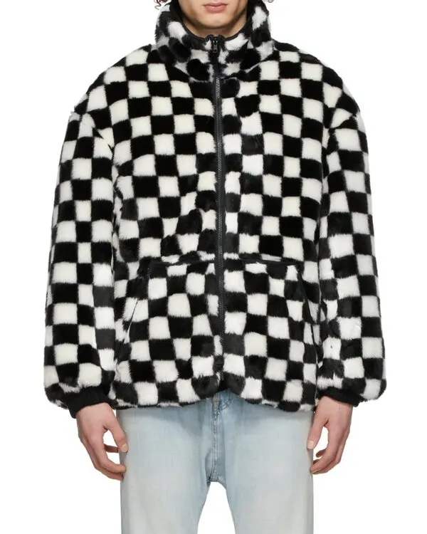 R13 White Checkered Faux Fur Jacket