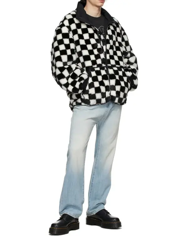 R13 White Checkered Faux Fur Jacket