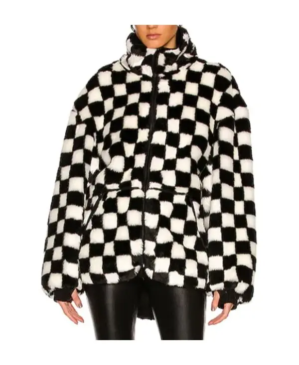 R13 White Checkered Faux Fur Jacket