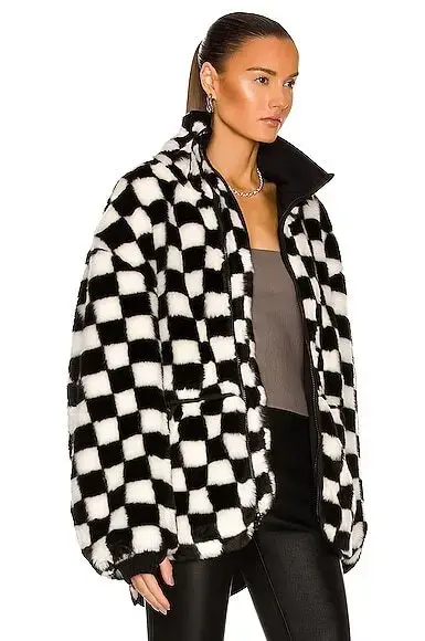 R13 White Checkered Faux Fur Jacket