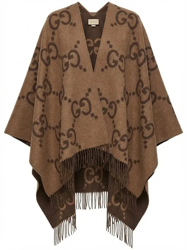 Gucci Monogrammed Fringe Edge Poncho - Beige And Dark Brown