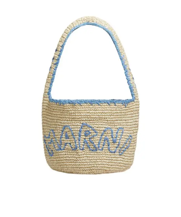 Marni Logo Embroidered Woven Shoulder Bag - Natural