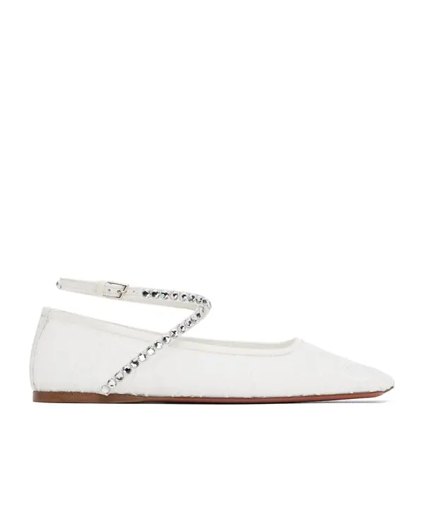 Amina Muaddi Lace Ballet Flats With Embellished Ankle Strap - White