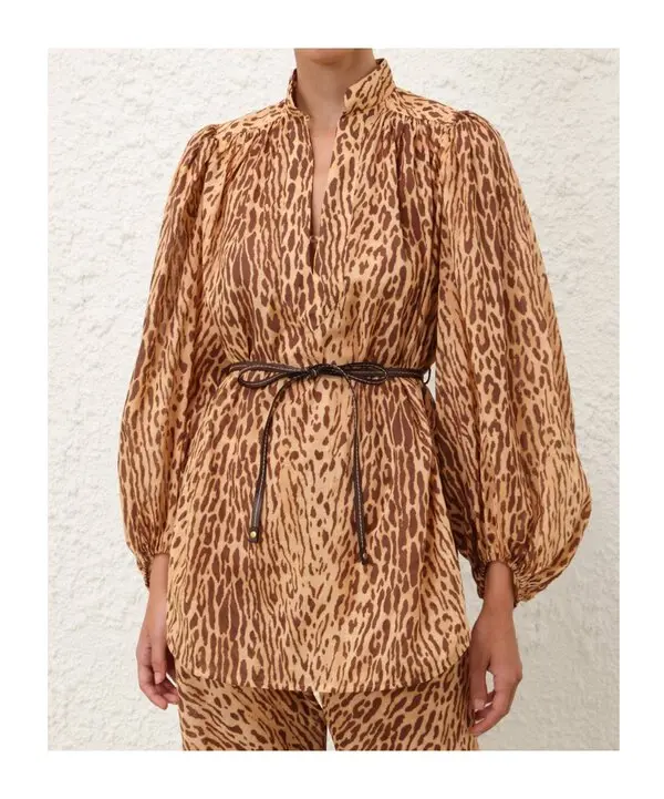 Zimmermann Cascadian Printed Long Sleeve Tunic - Brownish Leopard Print