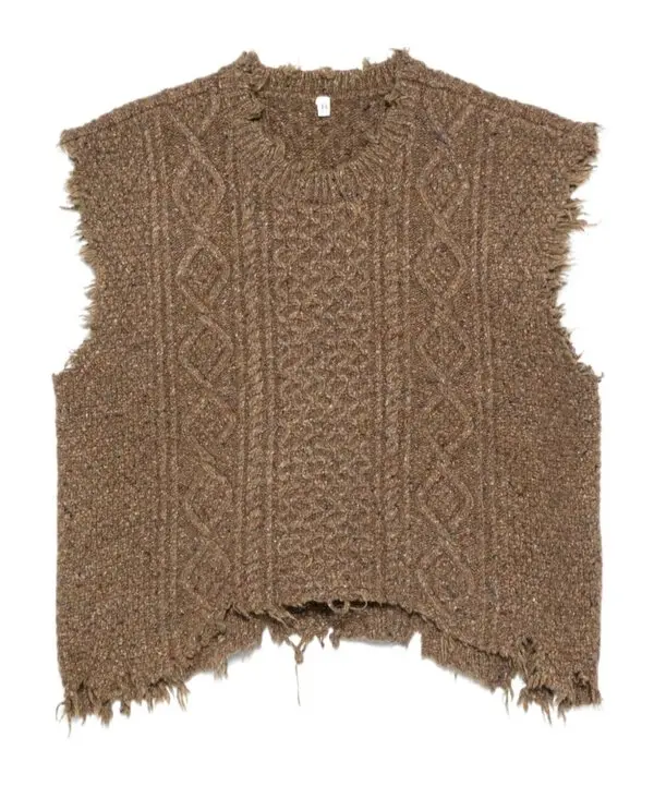 R13 Cable Knit Frayed Sleeveless Sweater - Brown