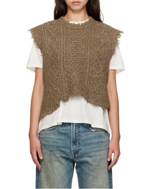 R13 Cable Knit Frayed Sleeveless Sweater - Brown