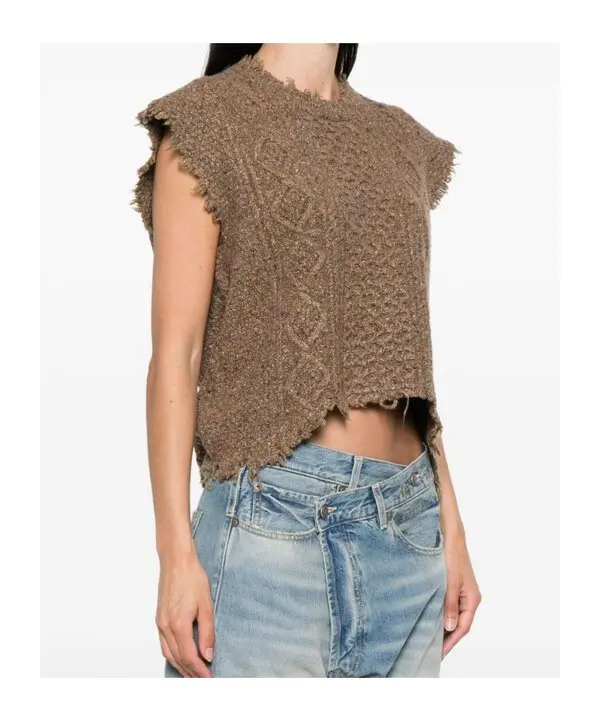 R13 Cable Knit Frayed Sleeveless Sweater - Brown