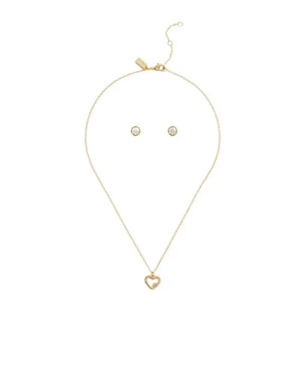 COACH Heart Shaped Pendant Necklace And Stud Earrings Set - Crystal