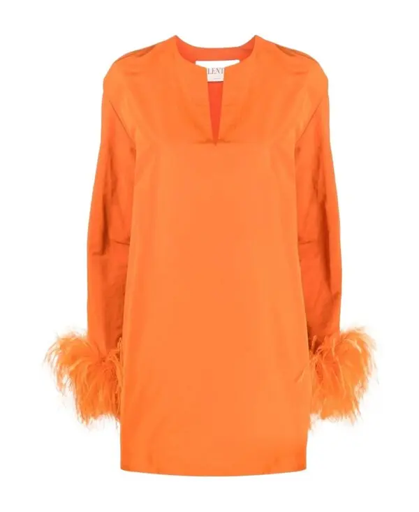 Valentino Garavani V-neck Feather Trim Dress