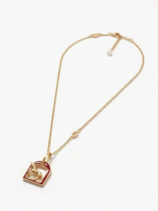 Gucci Horse-inspired Pendant Charm Necklace With Pearl Drop - Golden