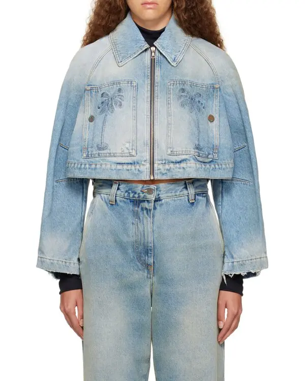 Palm Angels Palm Pattern Cropped Denim Jacket