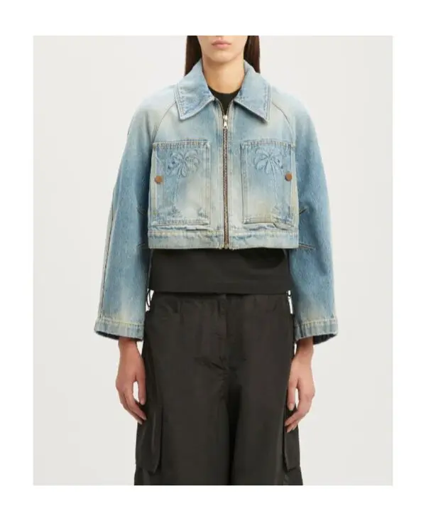 Palm Angels Palm Pattern Cropped Denim Jacket