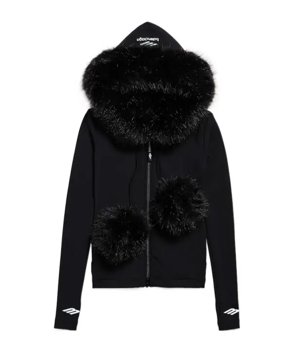 Balenciaga Fluffy Zip-up Hooded Jacket With Faux Fur Trim - Washed Black