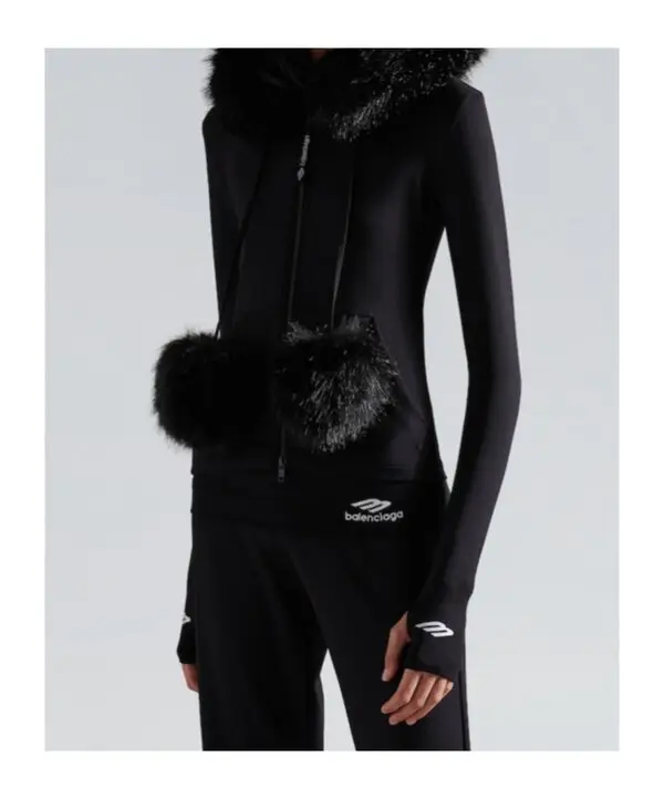 Balenciaga Fluffy Zip-up Hooded Jacket With Faux Fur Trim - Washed Black