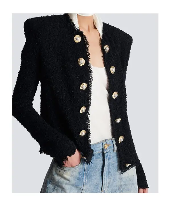 Balmain Textured Tweed Jacket With Decorative Buttons - Black