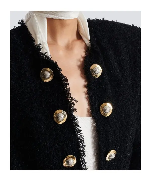 Balmain Textured Tweed Jacket With Decorative Buttons - Black
