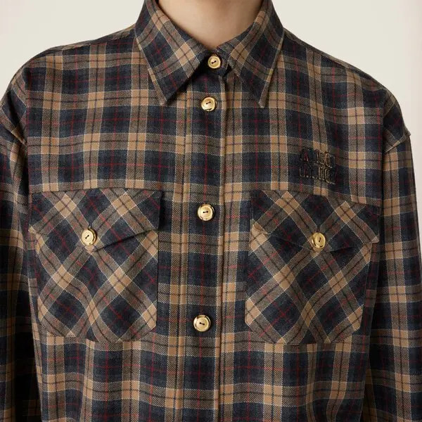 Miu Miu Tartan Embroidered Shirt - Camel Brown