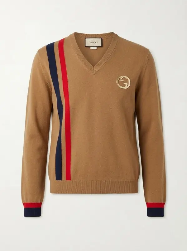 Gucci Interlocking G V-neck Jumper With Striped Detail - Brown