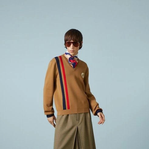 Gucci Interlocking G V-neck Jumper With Striped Detail