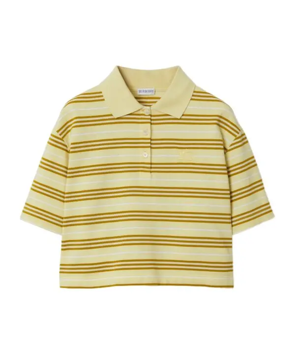 Burberry Logo Embroidered Striped Cropped Polo Shirt - Alabaster