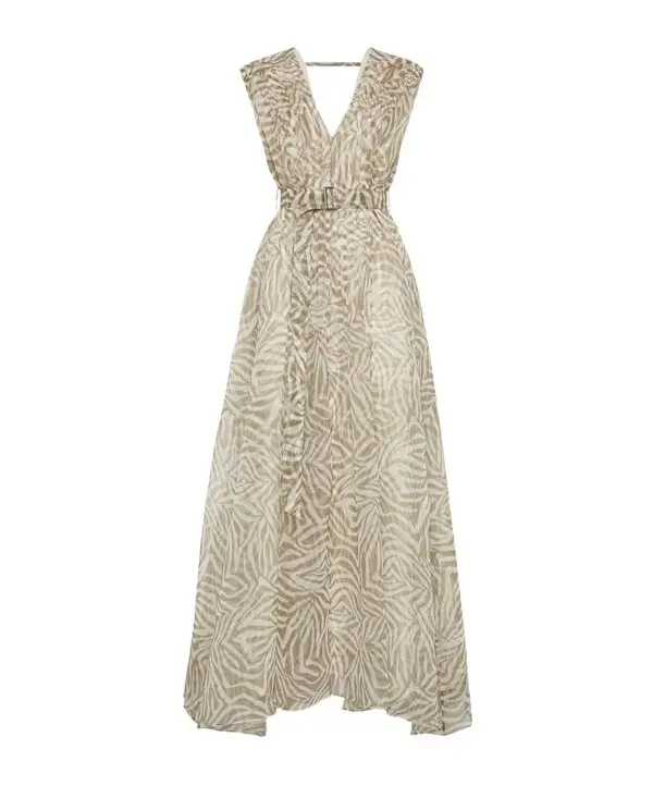 Brunello Cucinelli Sleeveless Printed Silk Maxi Dress - Khaki
