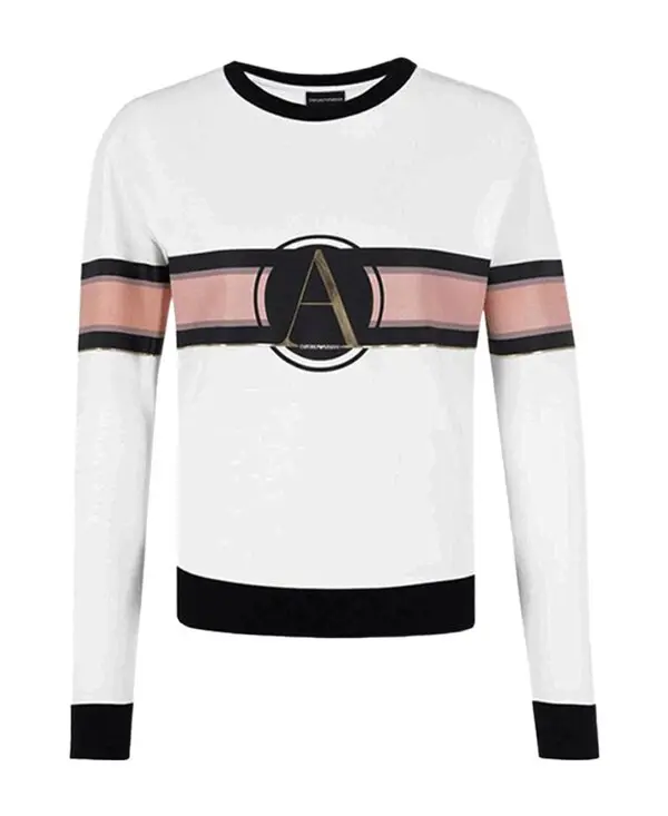 Emporio Armani Round Neck Long Sleeve Sweater With Logo Trim - Black