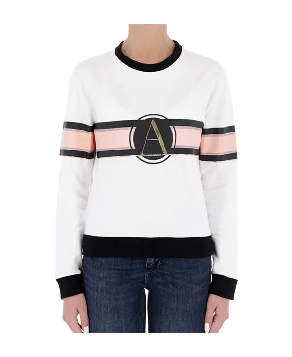 Emporio Armani Round Neck Long Sleeve Sweater With Logo Trim - Black