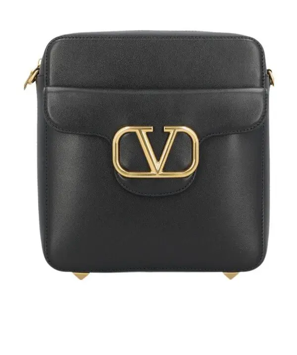 Valentino Garavani Leather Crossbody Bag With Gold Tone V Logo - Black