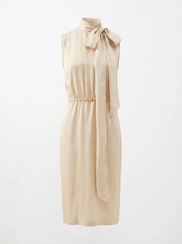 Gucci Tie Neck Jacquard Midi Dress - Nude