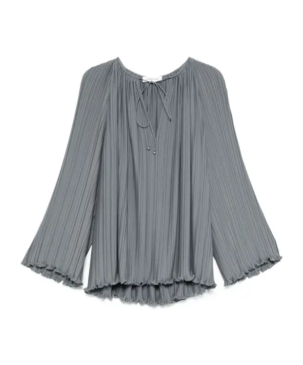 LANVIN Pleated Round Neck Long Sleeve Blouse - Gray
