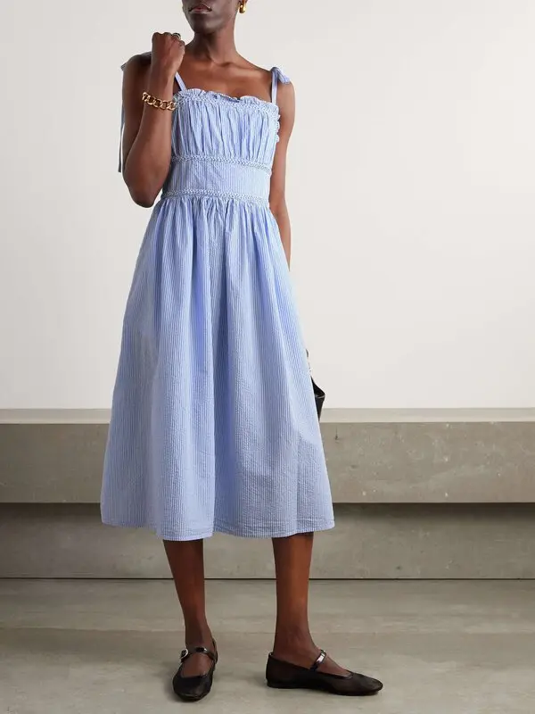 Polo Ralph Lauren Knitted Ruffled Stripe Midi Dress
