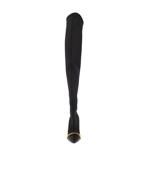 Moschino Leather Over The Knee Boots With Gold Logo Detail