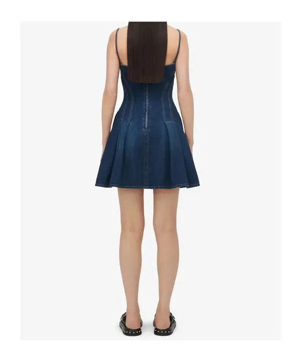Alexander McQueen Flared Denim Dress With Pleated Skirt