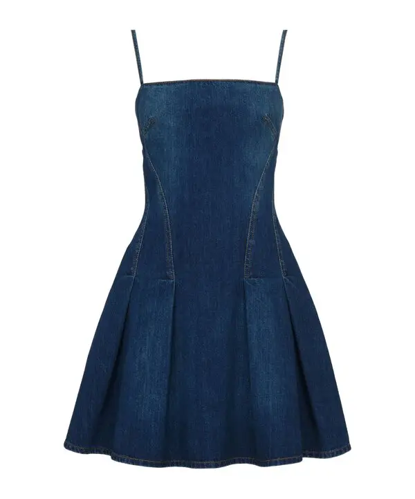 Alexander McQueen Flared Denim Dress With Pleated Skirt - Blue