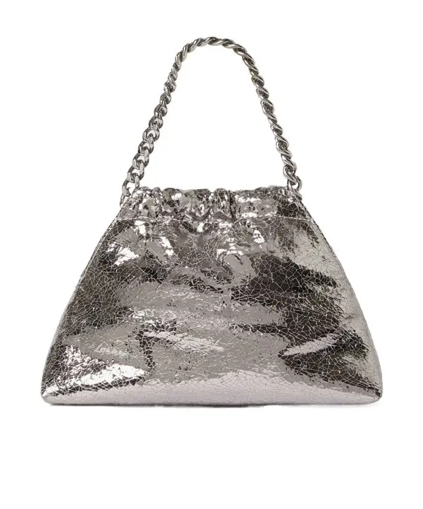 Stella McCartney Falabella Cracked Metallic Drawstring Crossbody Bag - Steel Gray