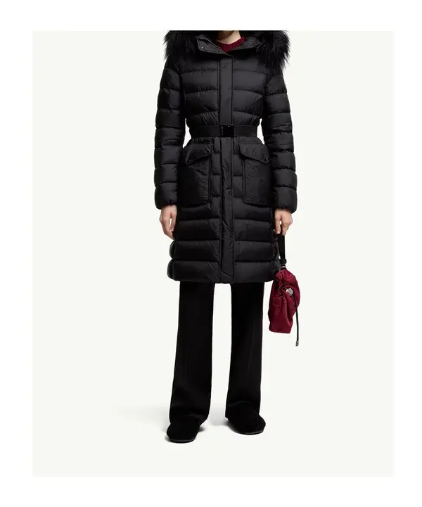 Moncler Khloesse Hooded Long Down Coat With Fur Trim - Black