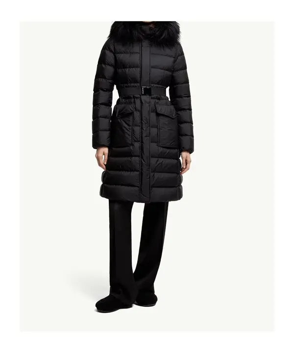 Moncler Khloesse Hooded Long Down Coat With Fur Trim - Black