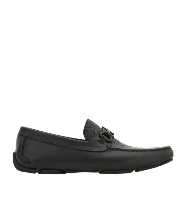 FERRAGAMO Gancini Embossed Leather Driving Loafers - Black