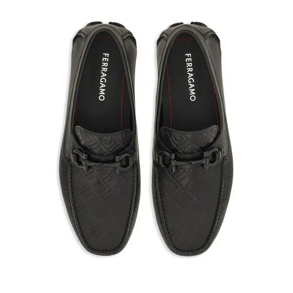 FERRAGAMO Gancini Embossed Leather Driving Loafers - Black