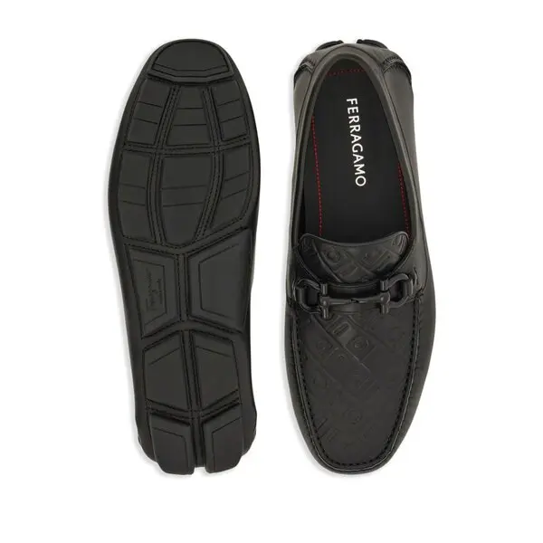 FERRAGAMO Gancini Embossed Leather Driving Loafers - Black
