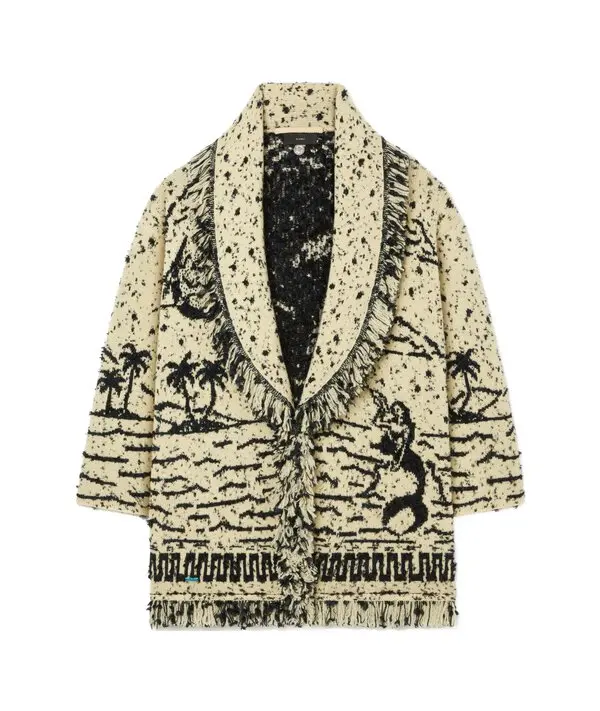 Alanui Ocean Whispers Cardigan With Geometric Motif And Fringed Edges - Sunlight-deep Blue